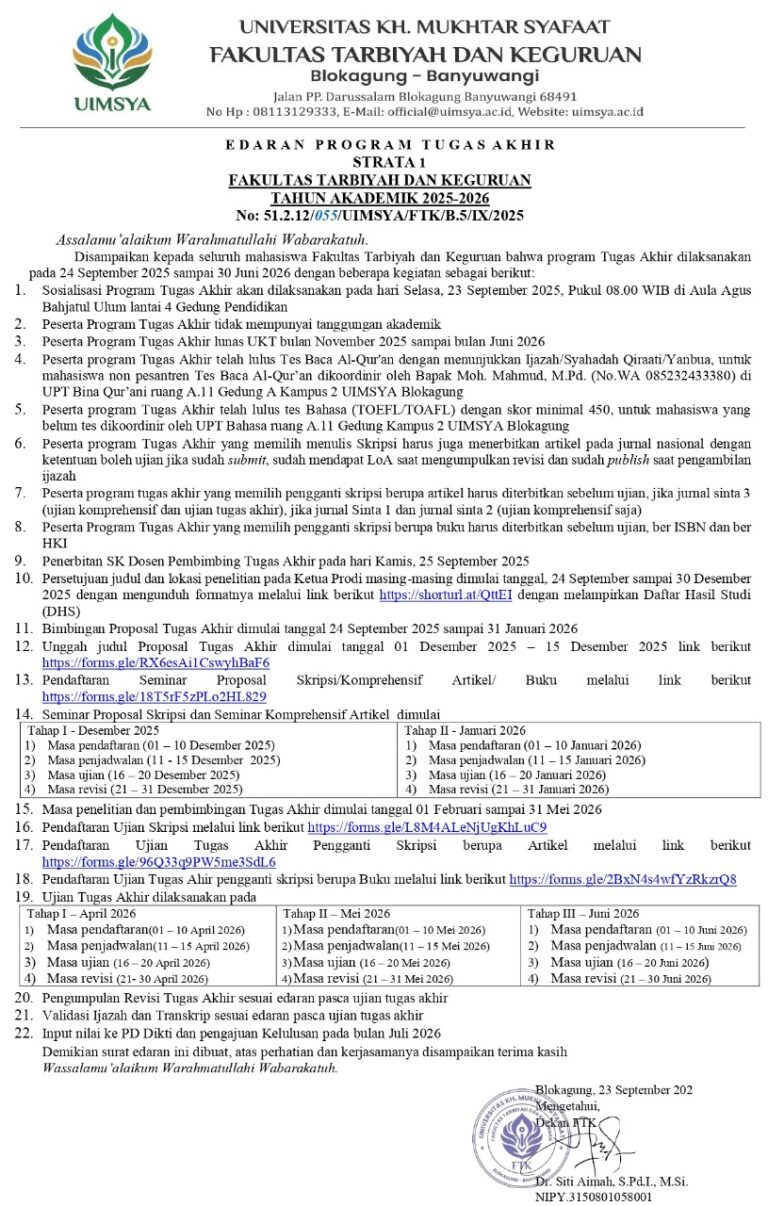 EDARAN PROGRAM TUGAS AKHIR STRATA 1 (S1) TA 2025/2026 – FTK